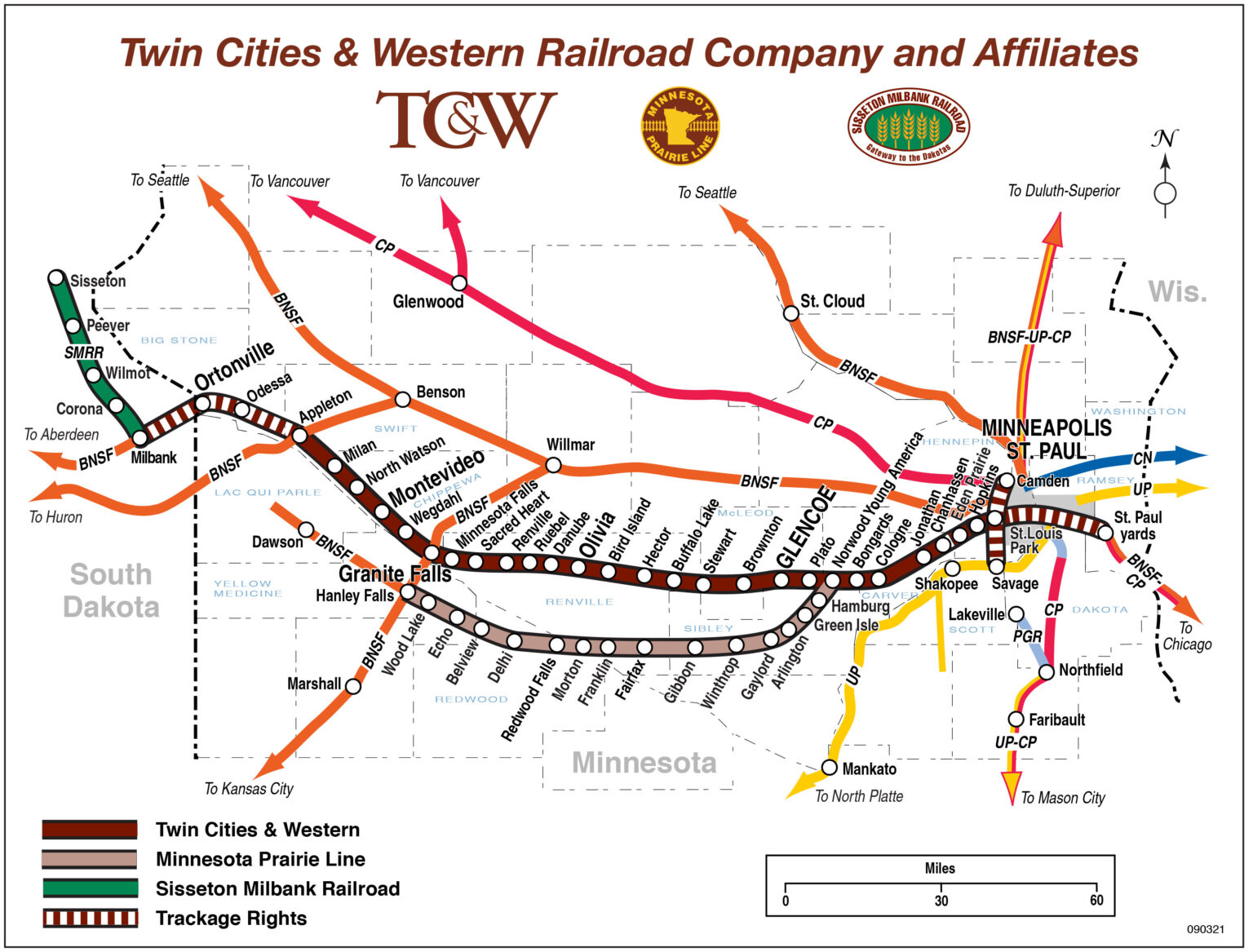 TC&W Railroad Map | Largest MN Shortline Rail | MN Rail Map